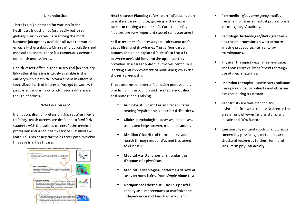 Notes Health - Planning for a Health Career - I. Introduction There is ...