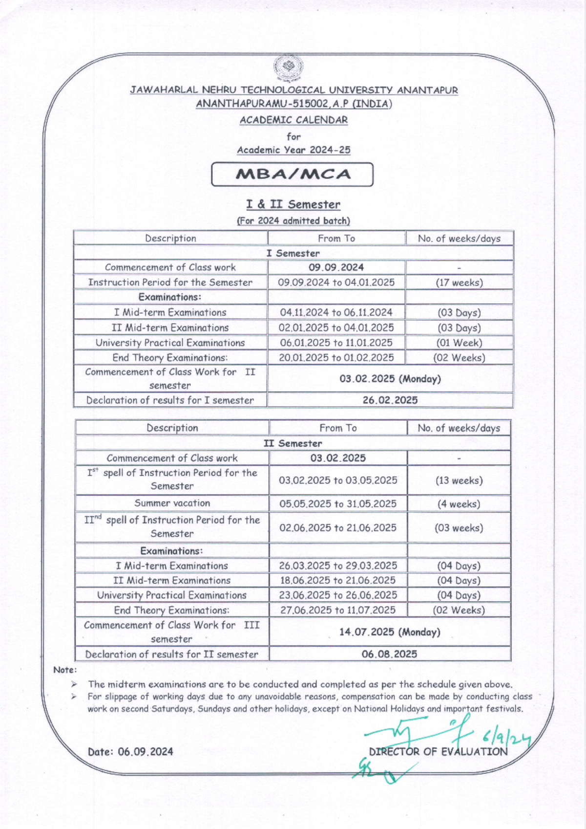 MBA MCA I Yr Academic Calendar for AY 2024 25 - {i$i} ';*; JAWAHARLAL ...