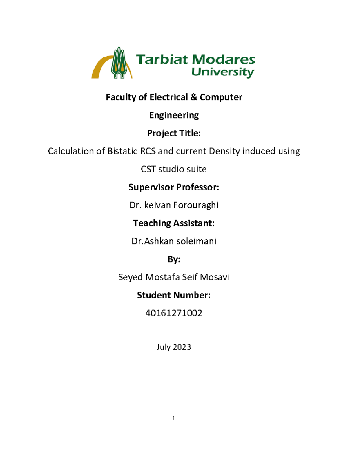 Final project - Faculty of Electrical & Computer Engineering Project Title: Calculation of - Studocu