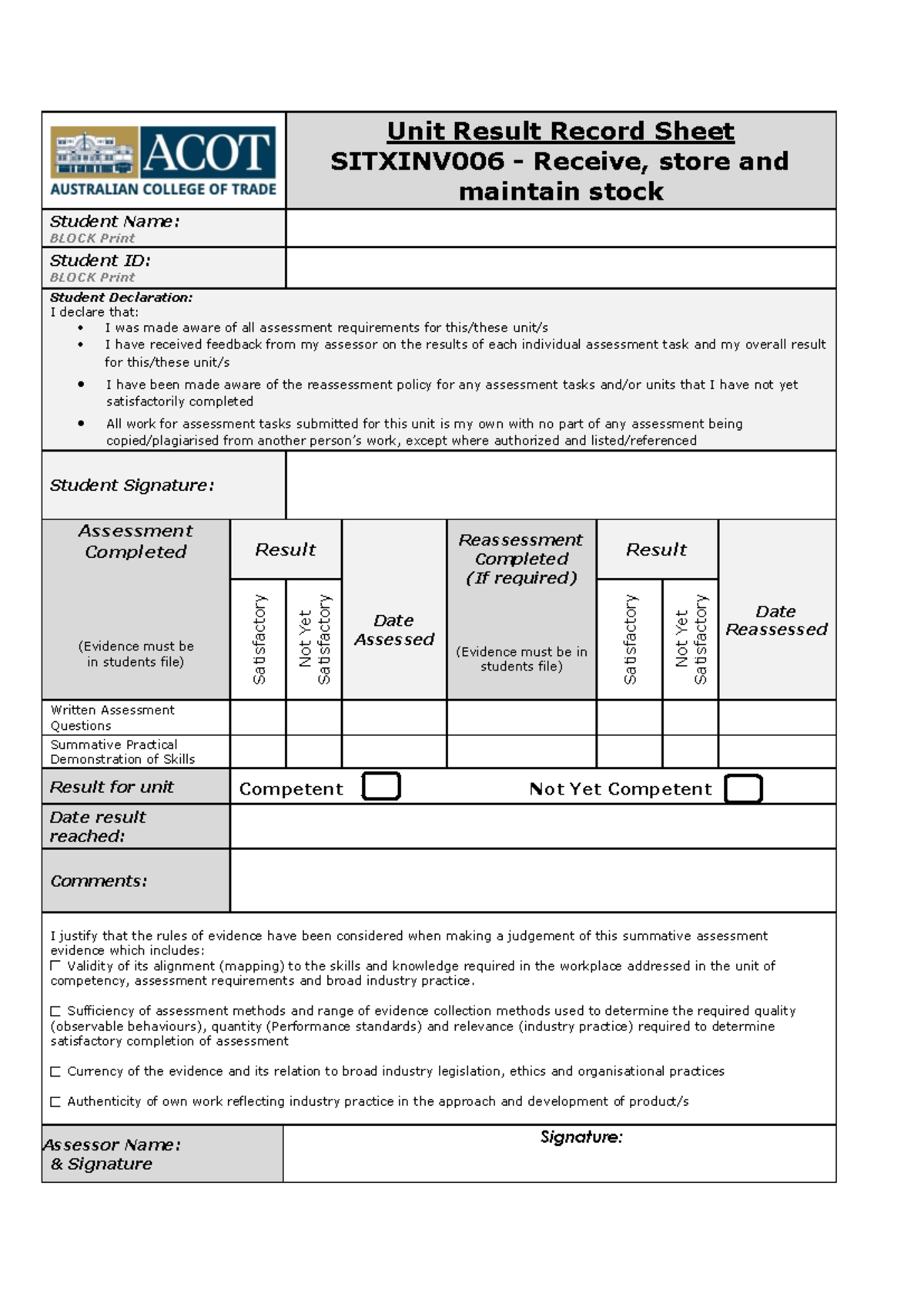 Sitxinv 006 Receive, store and maintain stock - Unit Result Record ...
