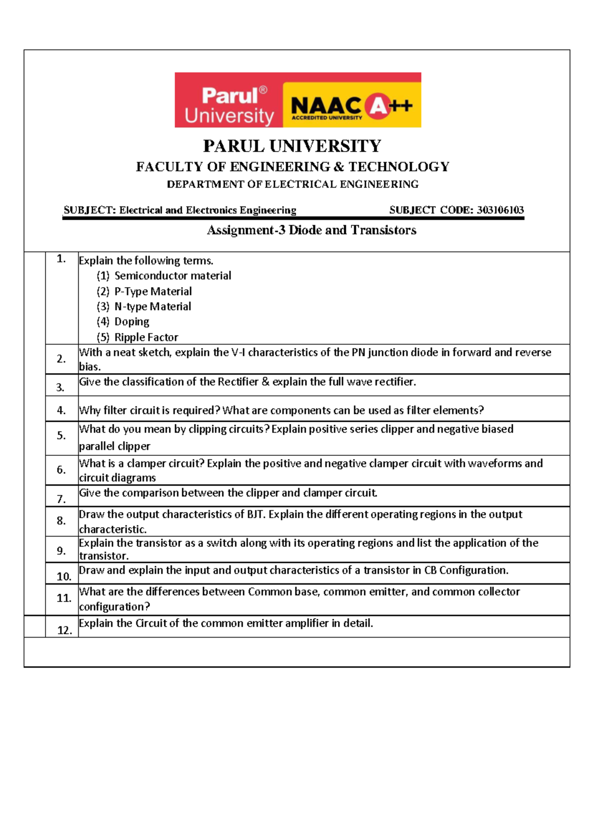 Ch. 3 Diode and Transisor Assignment 3 - PARUL UNIVERSITY FACULTY OF ENGINEERING & TECHNOLOGY ...