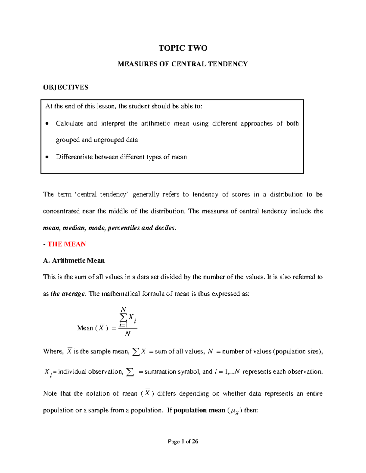 Topic TWO- Measures OF Central Tendency - TOPIC TWO MEASURES OF CENTRAL ...