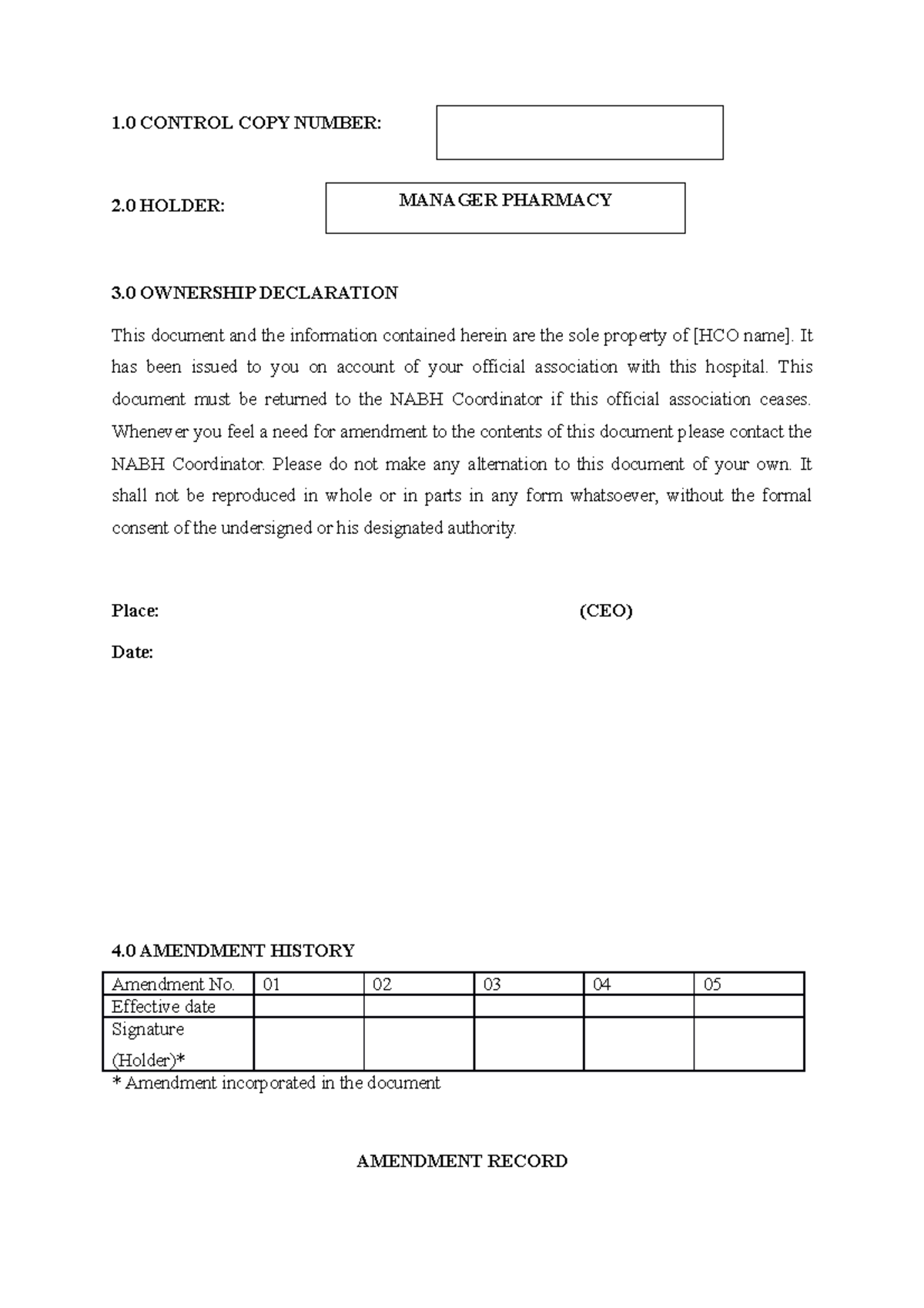 Sample Pharmacy manual - 1 CONTROL COPY NUMBER: 2 HOLDER: 3 OWNERSHIP ...
