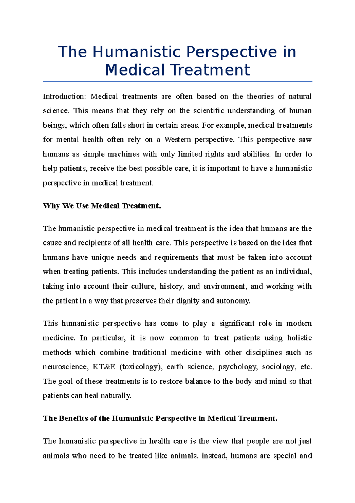 The Humanistic Perspective in Medical Treatment - The Humanistic ...