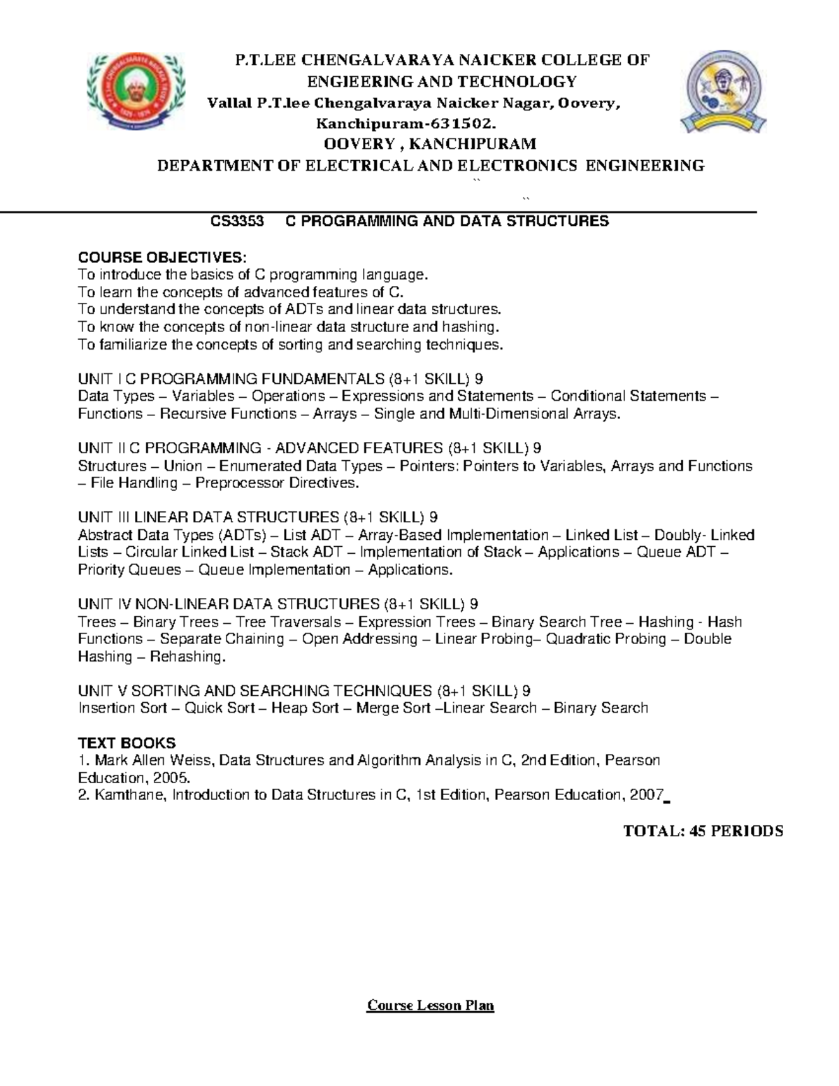 Course Lesson Plan Cs3353 C And Data Structures Eee Engieering And Technology Vallal P T