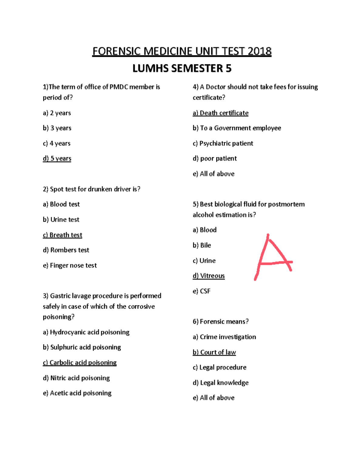 Forensic medicine unit arbaz - FORENSIC MEDICINE UNIT TEST 2018 LUMHS ...