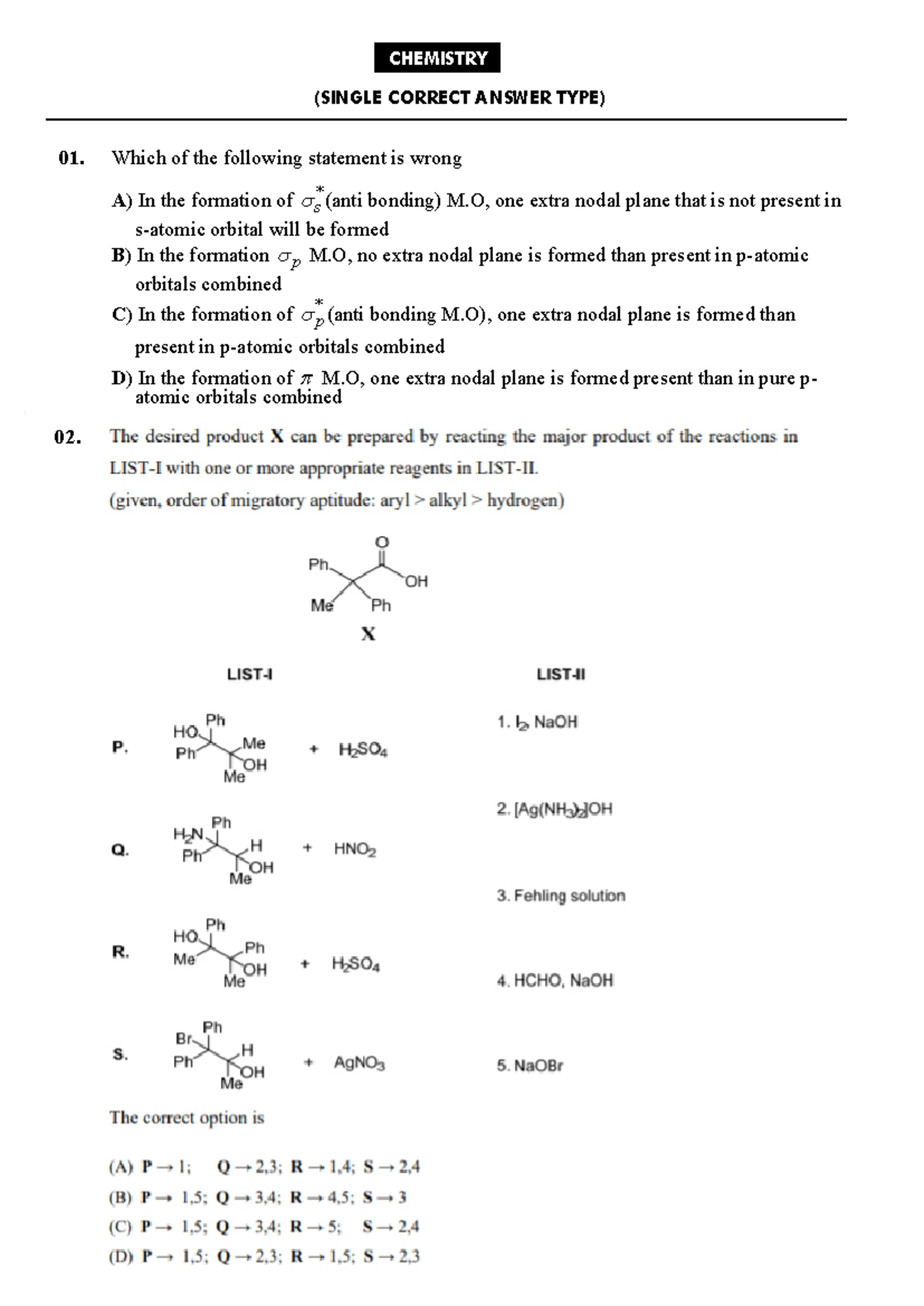 Basic chemistry test for revision - CHEMISTRY (SINGLE CORRECT ANSWER ...