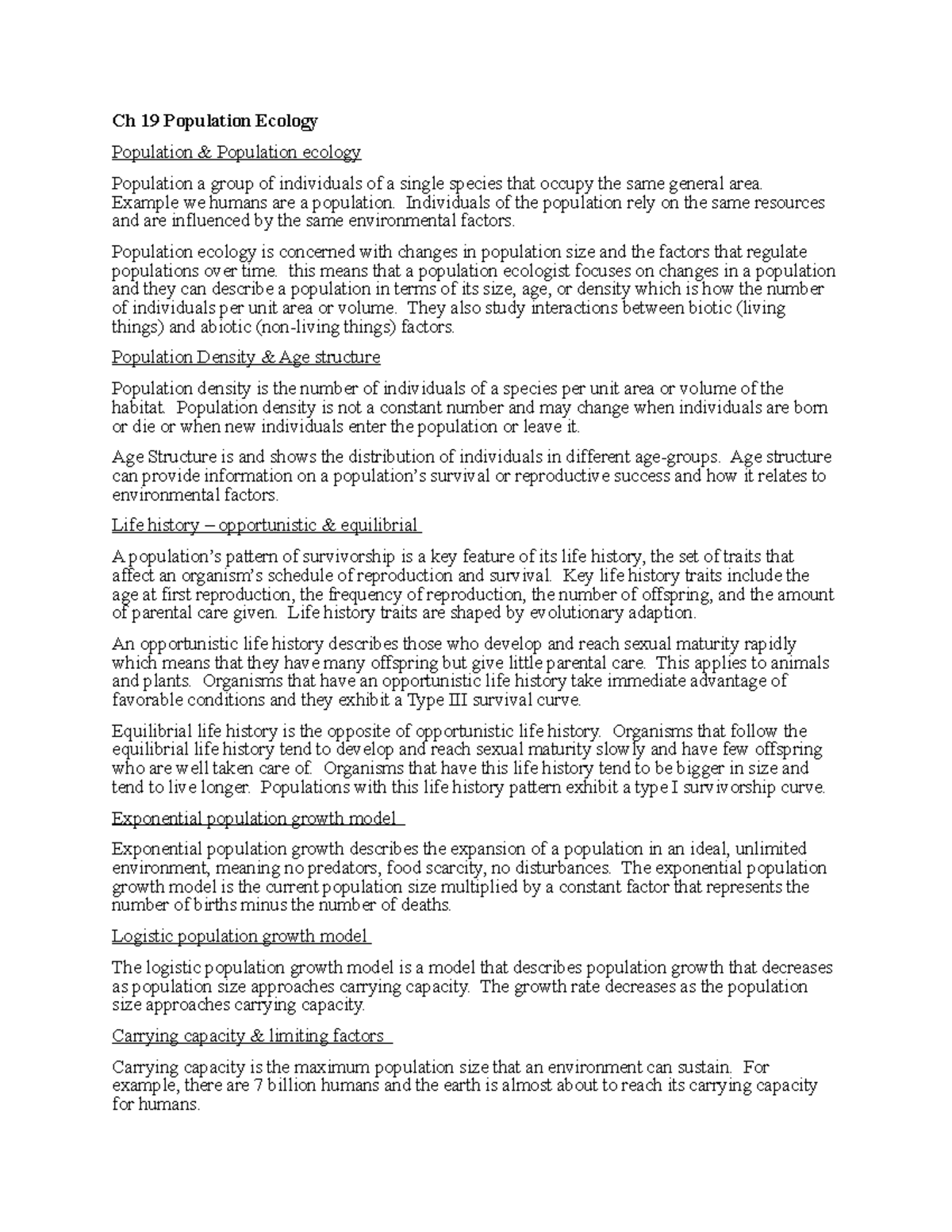 BIO Ch 19-20 - Lecture notes bio chapter 19-20 - Ch 19 Population ...