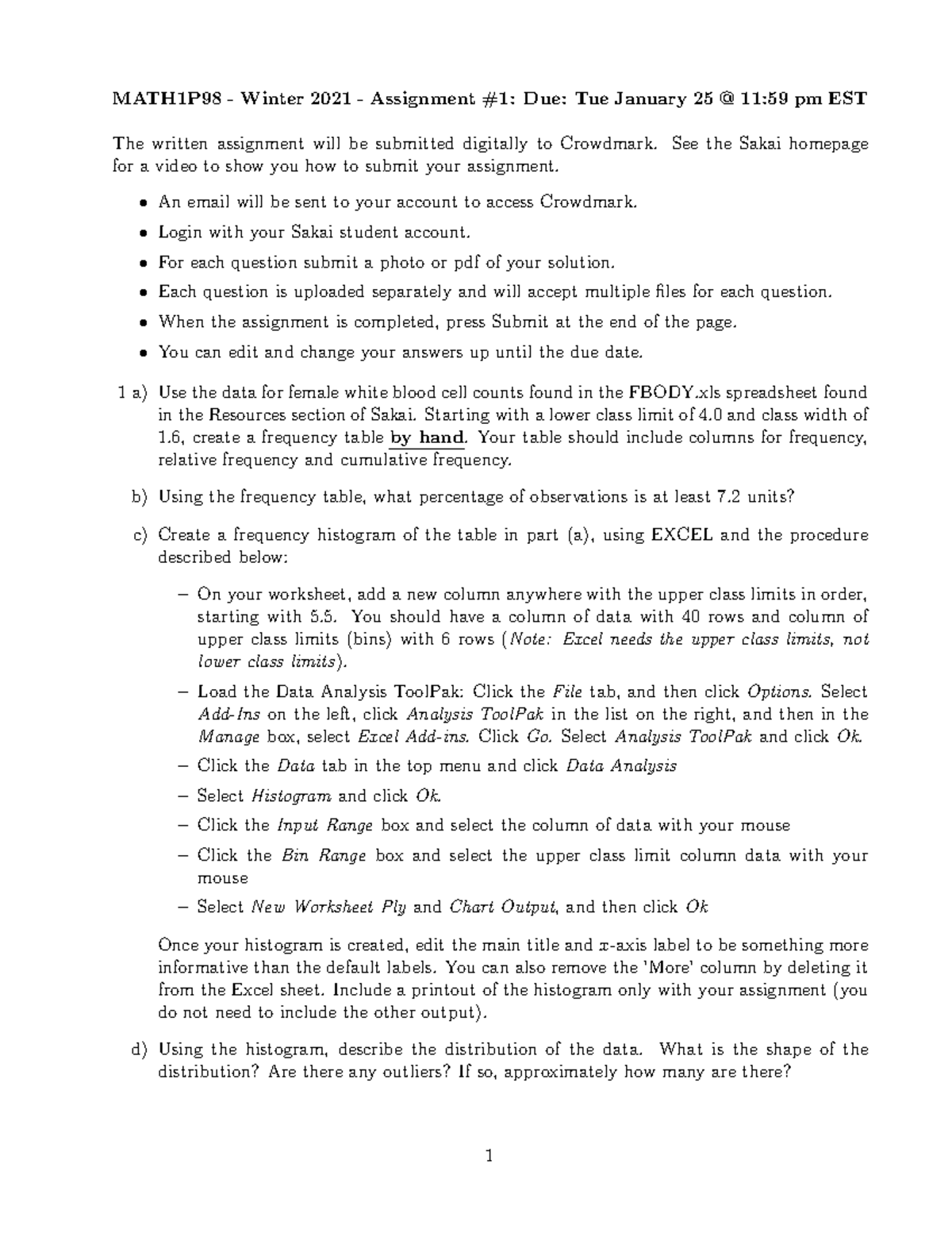 Written Assignment 1 - MATH1P98 - Winter 2021 - Assignment #1: Due: Tue ...