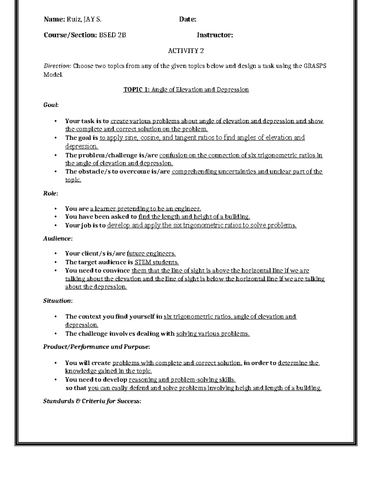 Grasp Model - Name: Ruiz, JAY S. Date: Course/Section: BSED 2B ...