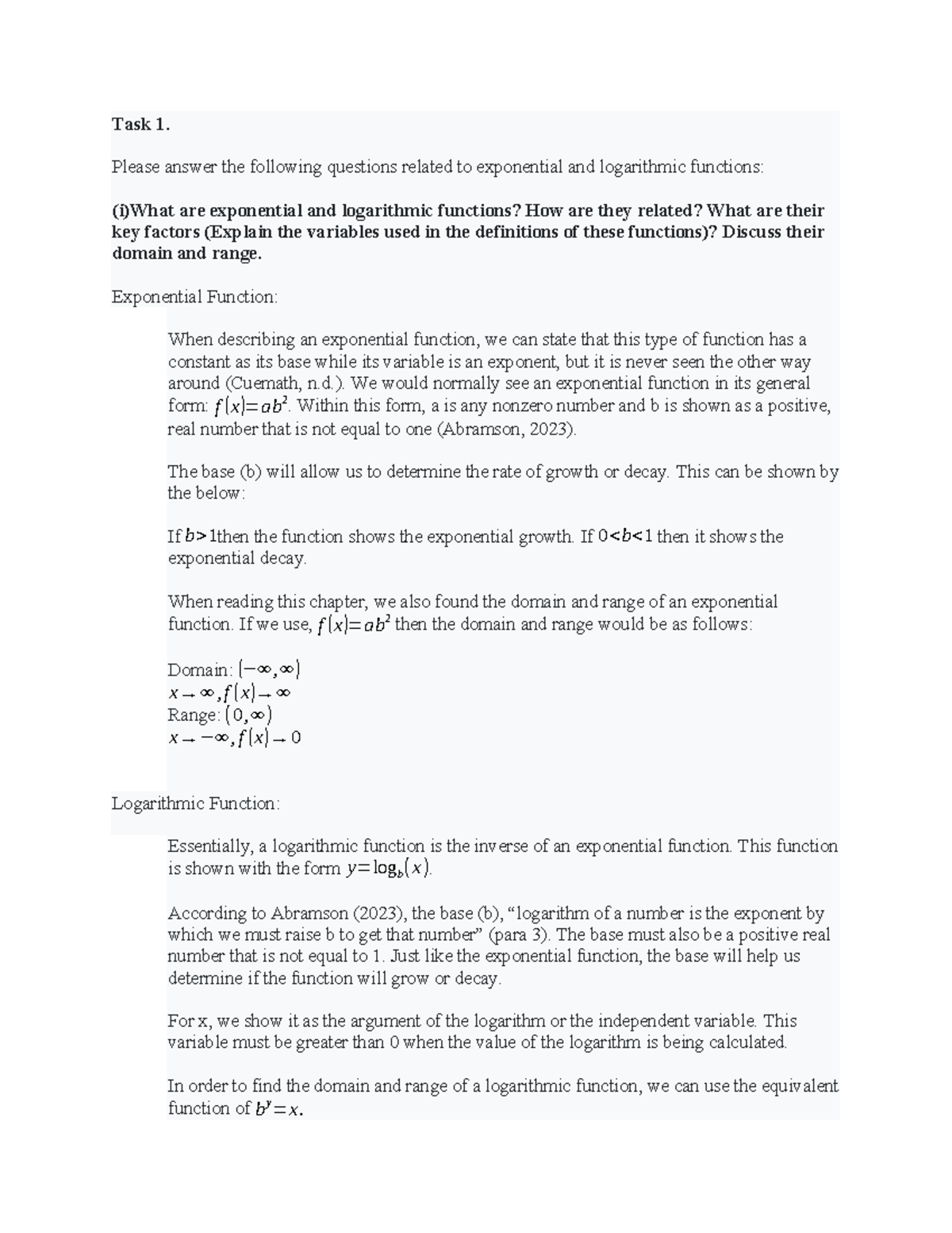 MATH 1201 Unit 5 Math Assignment - Task 1. Please answer the following questions related to ...