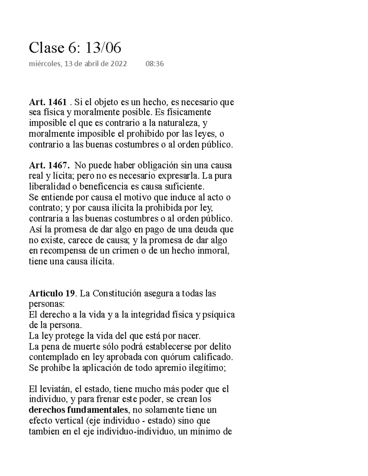 Clase 6 1306 - necesito acceso - Art. 1461. Si el objeto es un hecho ...