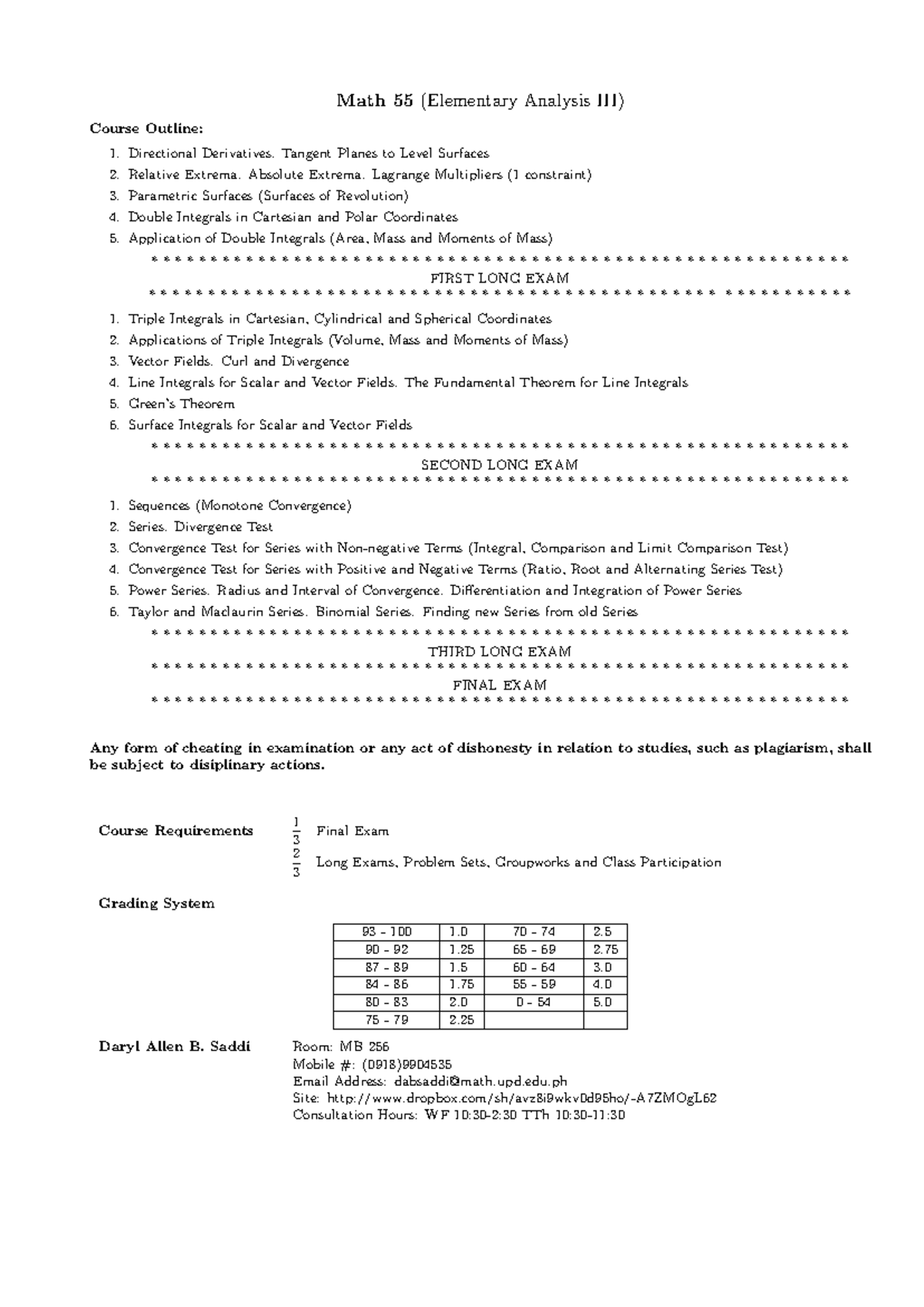 335644370 Math 55 Syllabus - Math 55 (Elementary Analysis III) Course ...