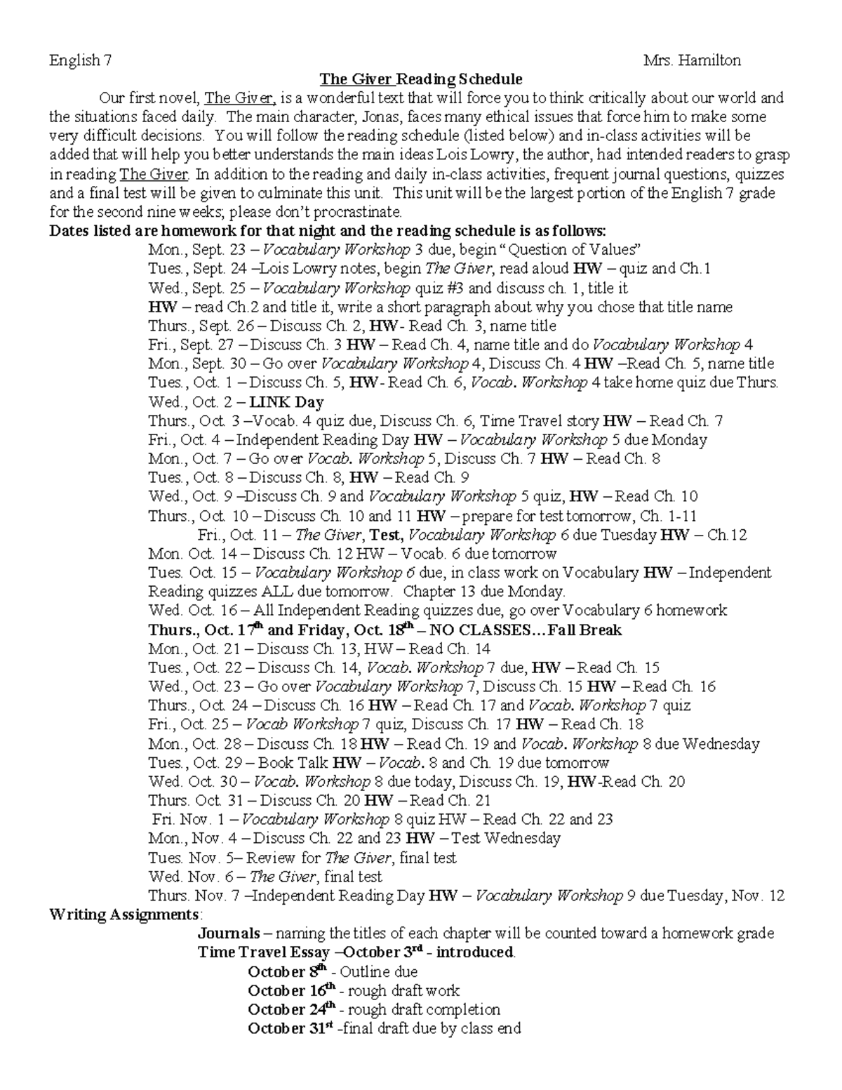 The Giver and English schedule 2 - English 7 Mrs. Hamilton The Giver ...