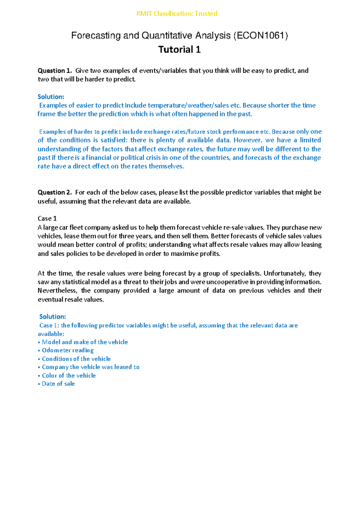 Topic 1 Tutorial Solution - RMIT Classification: Trusted Forecasting ...