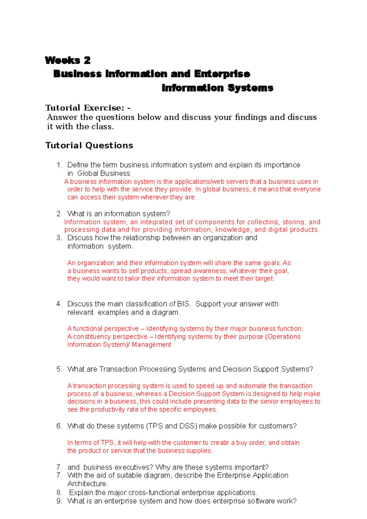 Week 2 Questions - Weeks 2 Business information and Enterprise ...