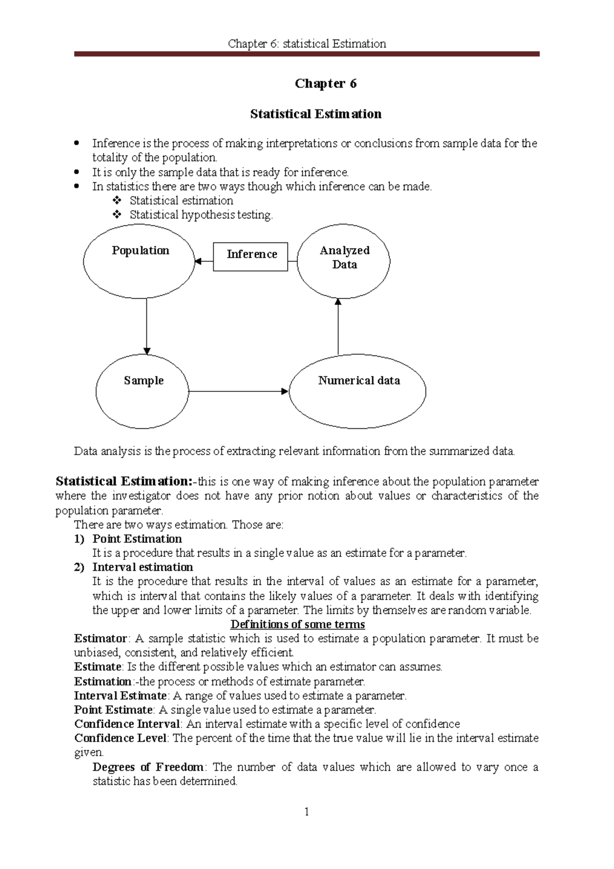 Chapter 6 -Statistical Estimation - ####### Population ####### Sample Numerical data ...