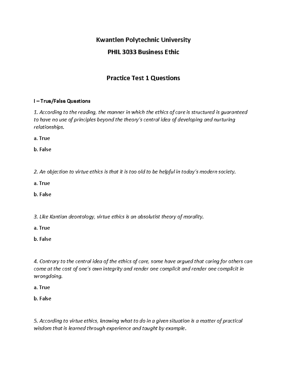 PHIL 3033 practice test 1 - Kwantlen Polytechnic University PHIL 3033 ...