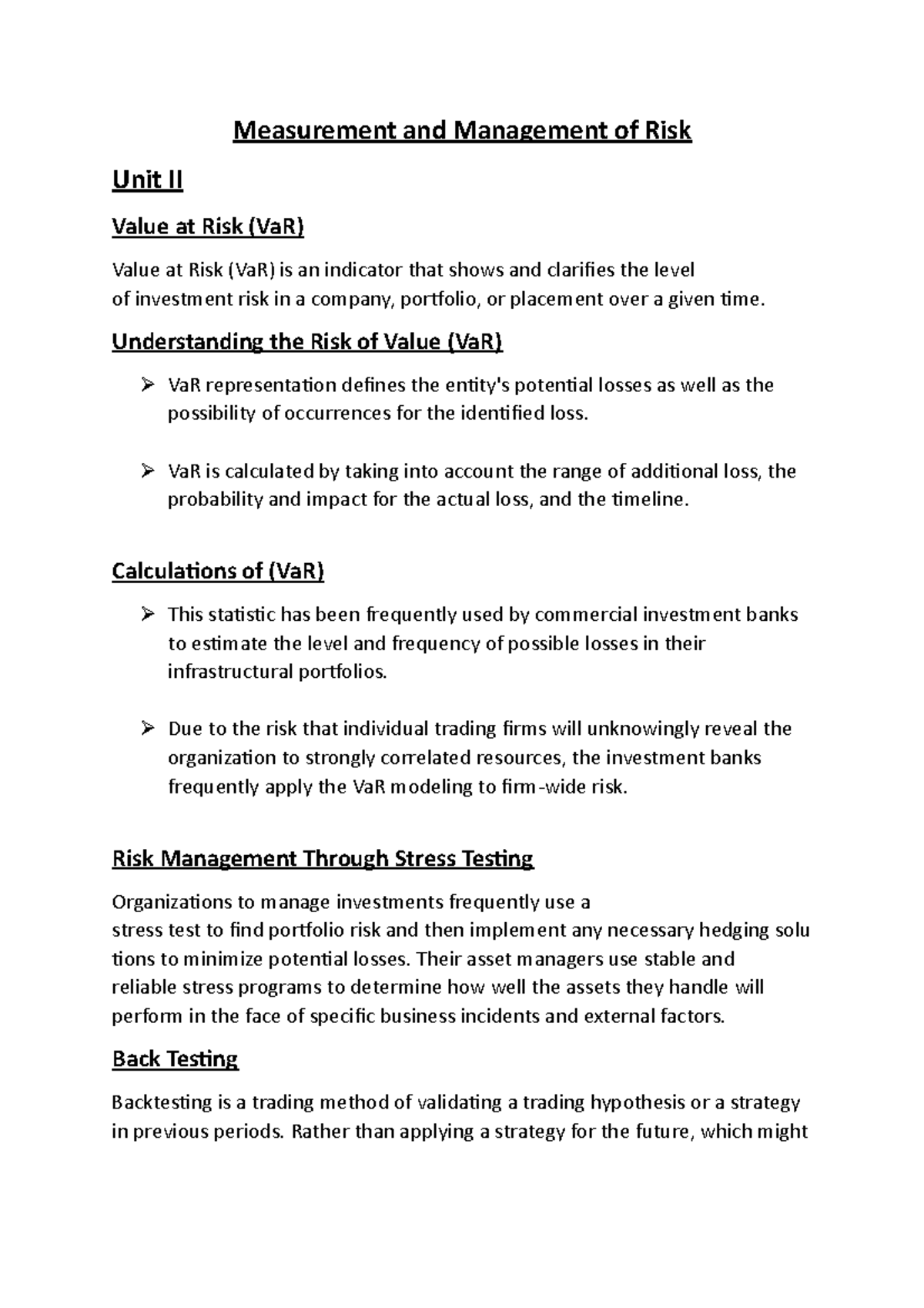 Measurement and Management of Risk- Unit II- Lecture Notes ...