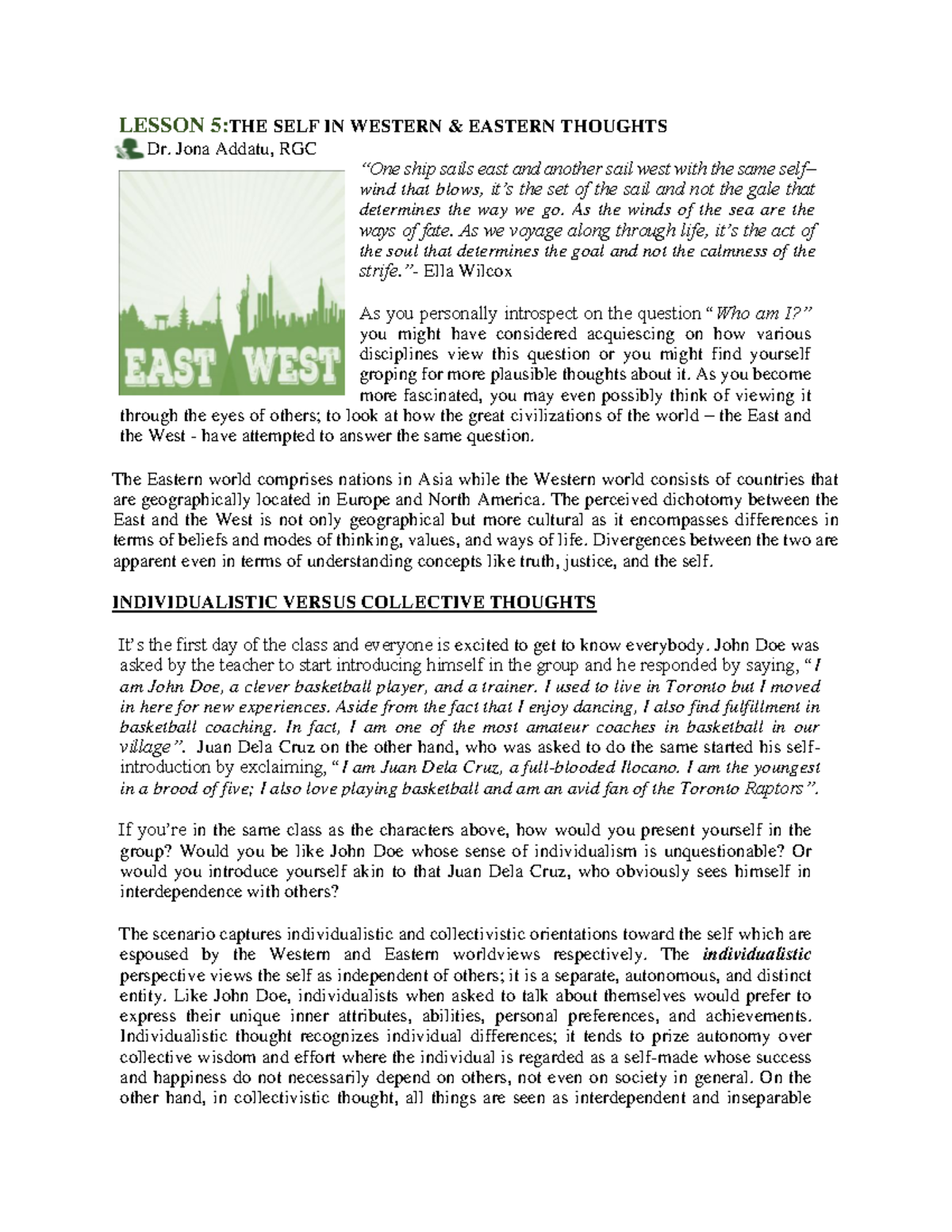 UTS Eastern Western Perspectives - LESSON 5:THE SELF IN WESTERN ...