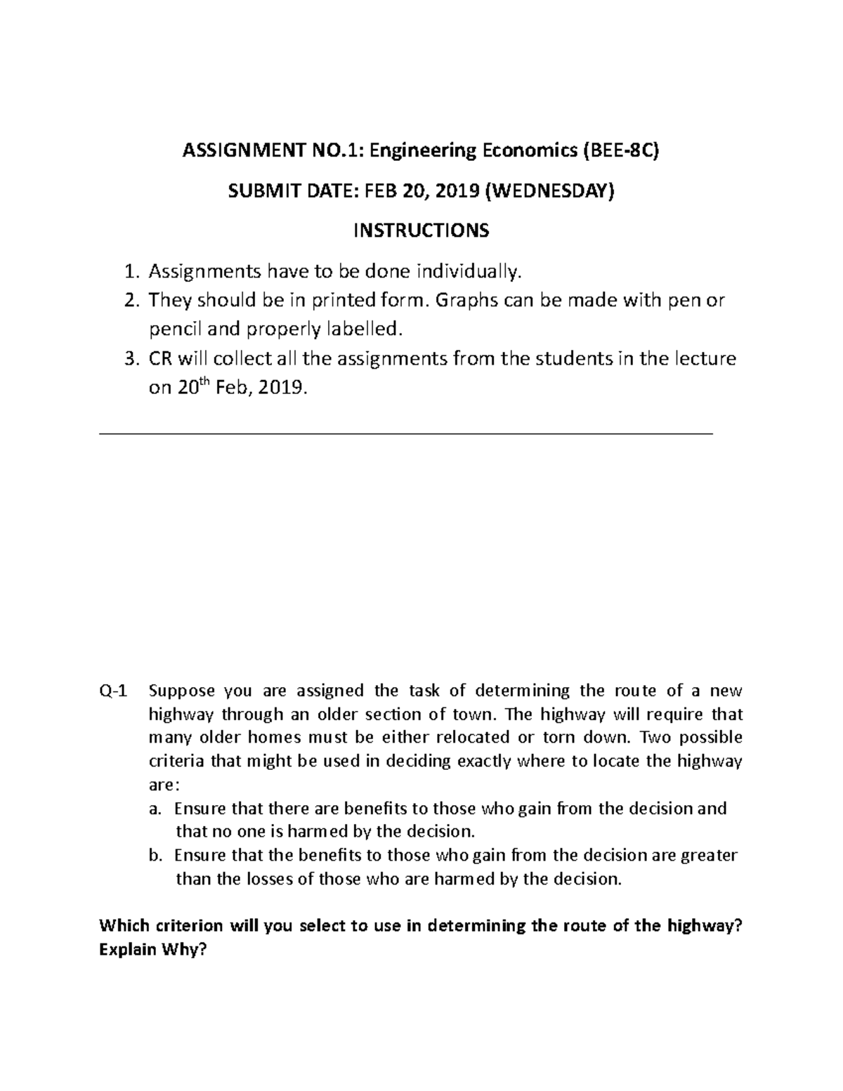 Assignment 1 - ASSIGNMENT NO: Engineering Economics (BEE-8C) SUBMIT DATE: FEB 20, 2019 ...