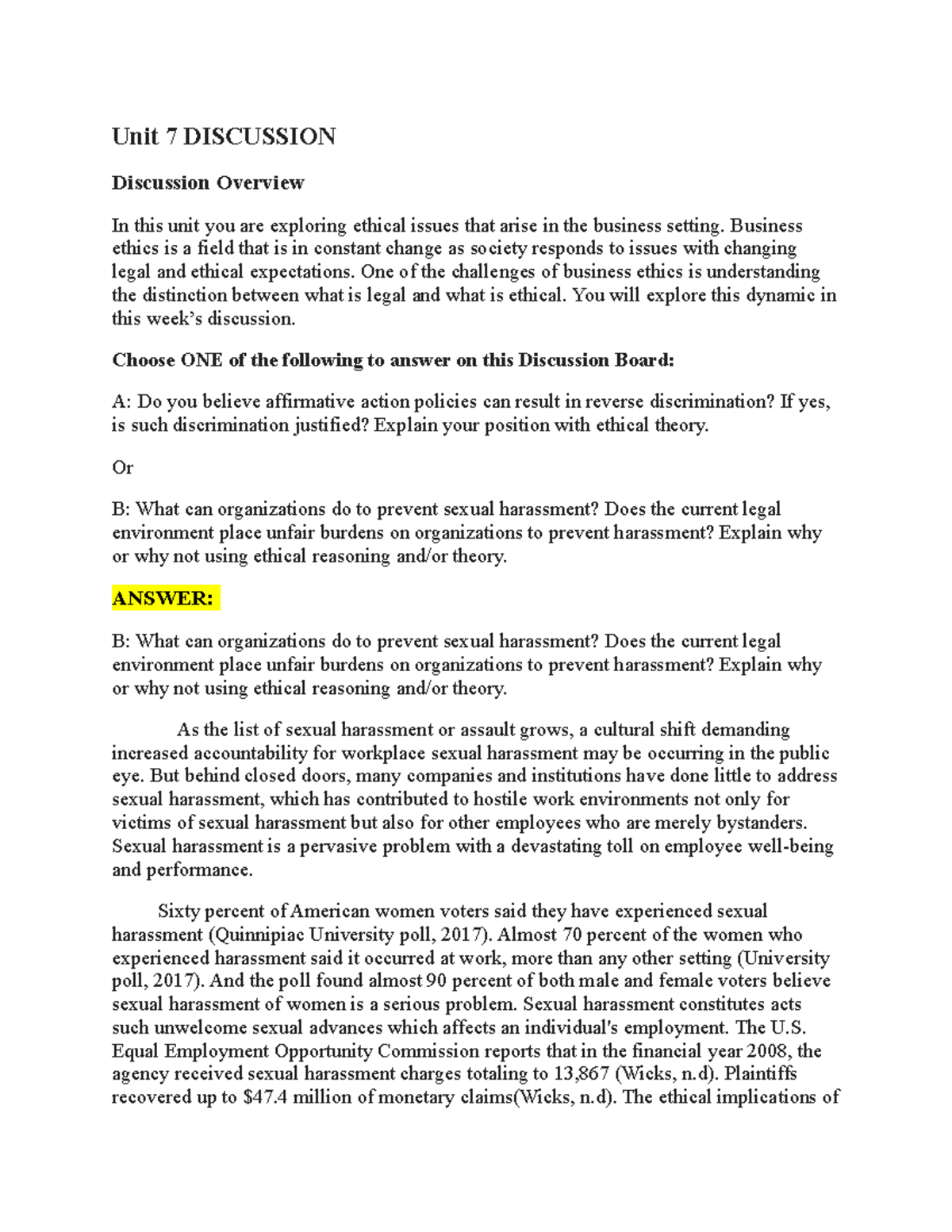 HU245 Unit 7 Discussion - Unit 7 DISCUSSION Discussion Overview In this ...