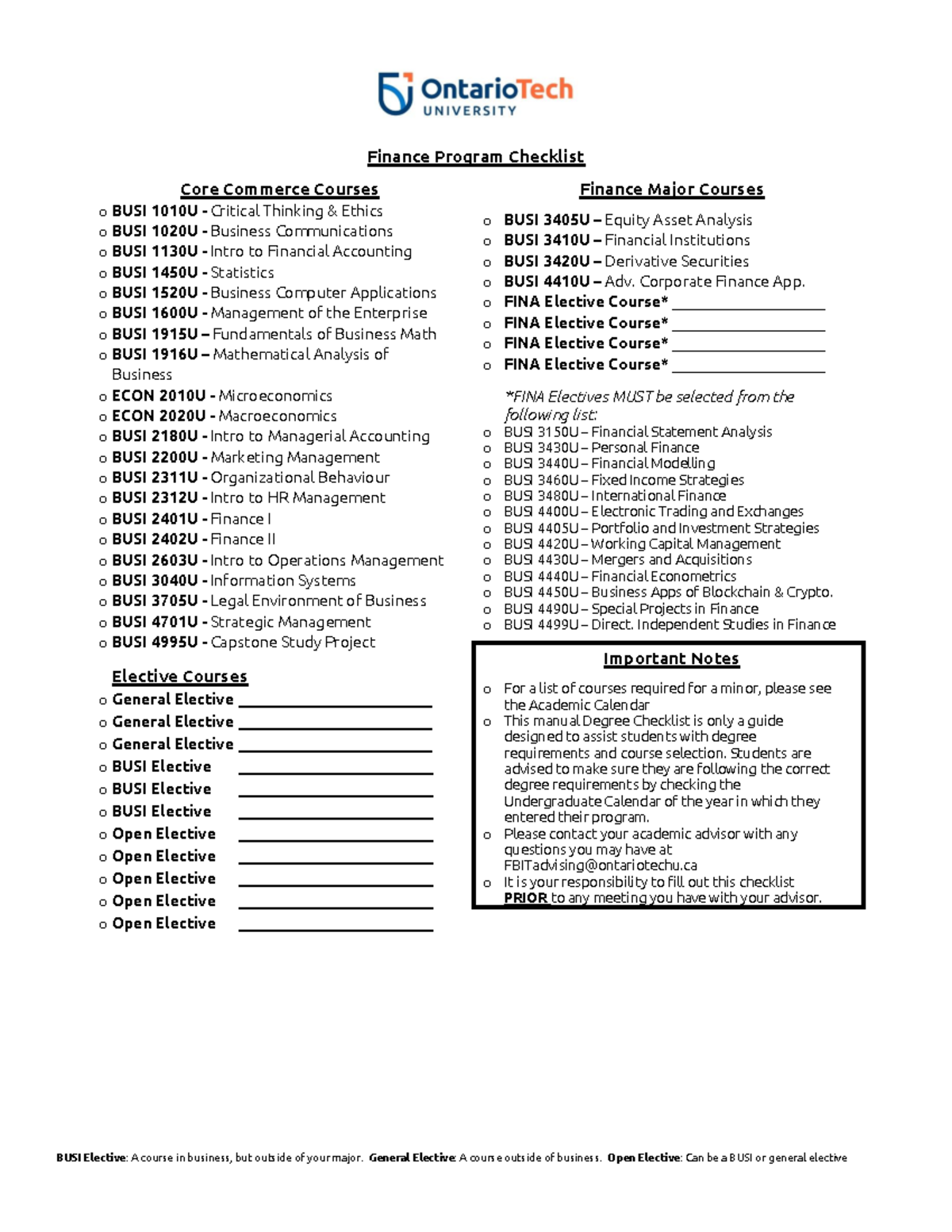 finance major classes - BUSI Elective : A course in business, but ...