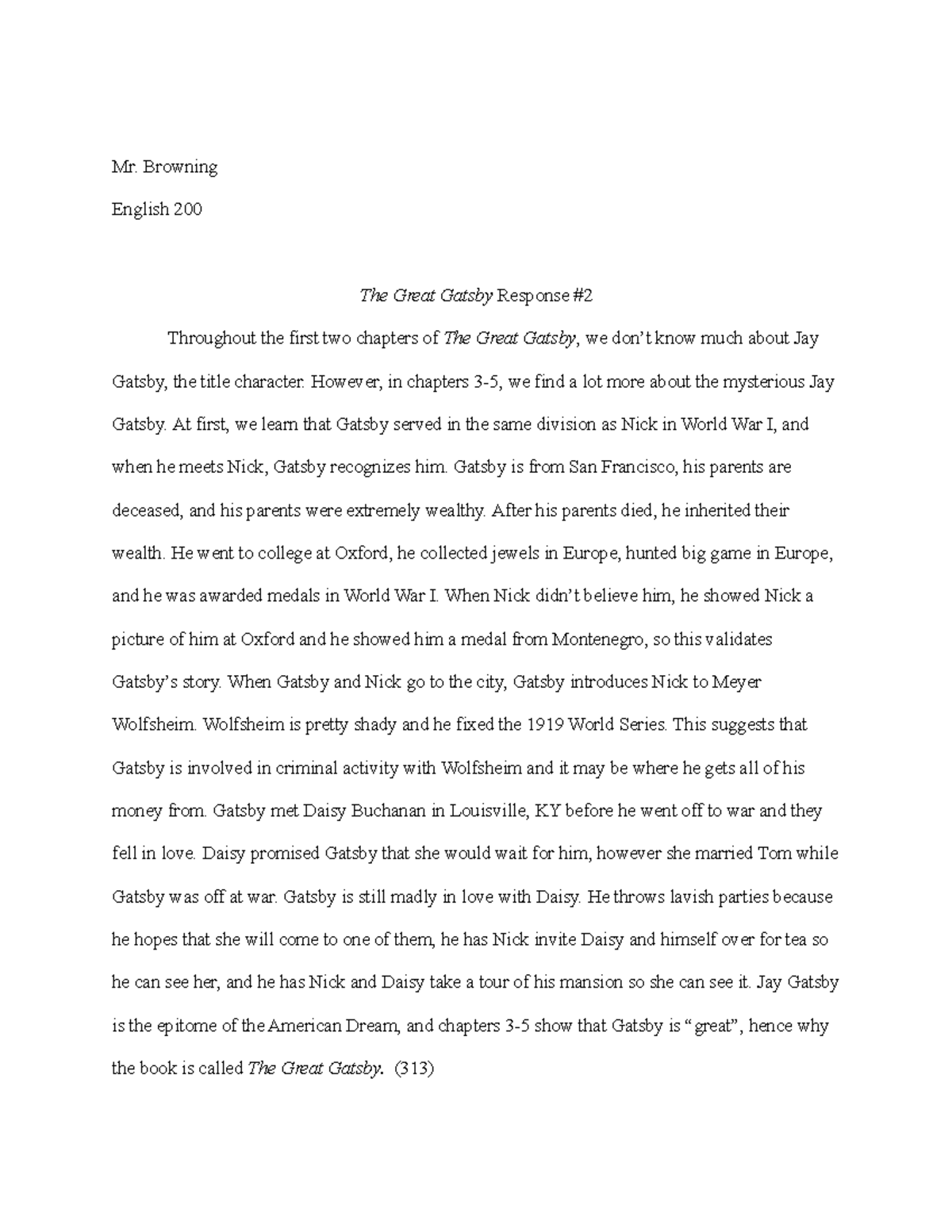 The Great Gatsby Response #2 - Mr. Browning English 200 The Great ...