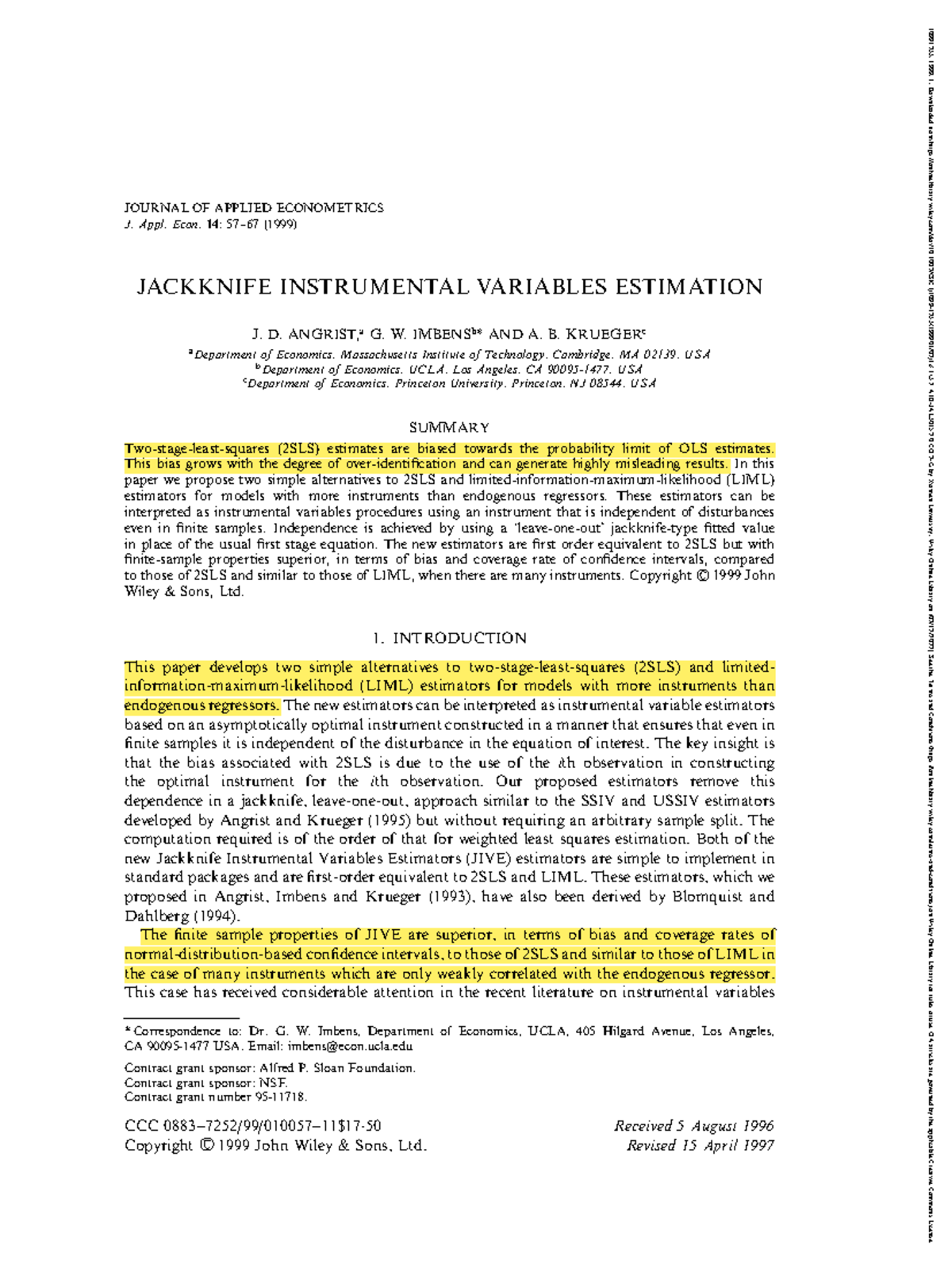 J Of Applied Econometrics 1999 Angrist Jackknife Instrumental