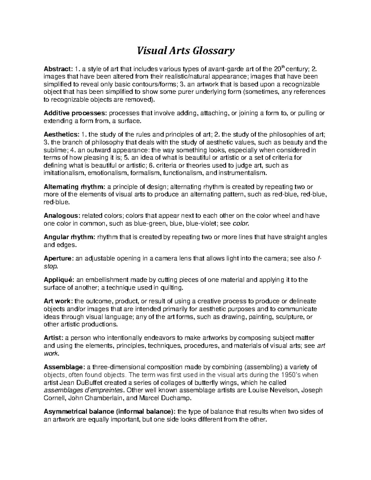 Glossary for visual art - Visual Arts Glossary Abstract: 1. a style of ...