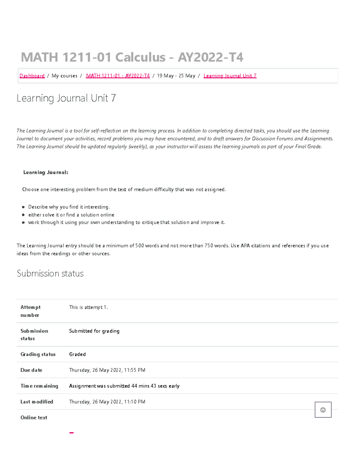 MATH 1211-01 - AY2022-T4 Learning Journal Unit 7 - MATH 1211-01 Calculus - AY2022-T Learning ...