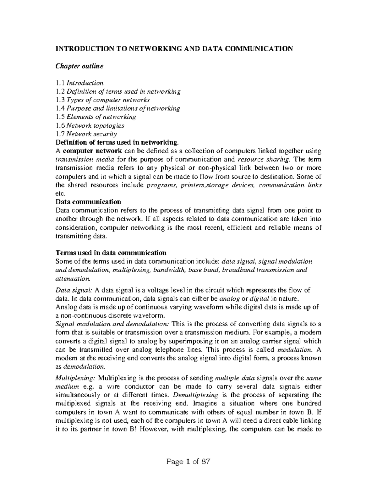 Comp book 4 - INTRODUCTION TO NETWORKING AND DATA COMMUNICATION Chapter outline 1 Introduction 1 ...