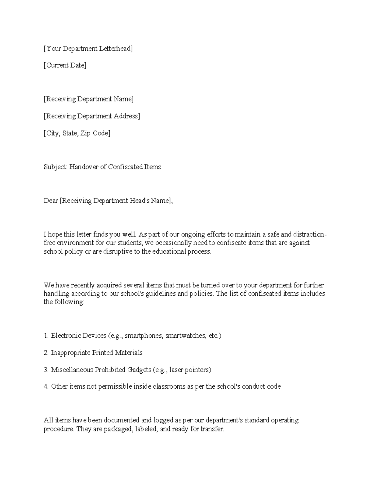 Hand over letter to other department - [Your Department Letterhead ...