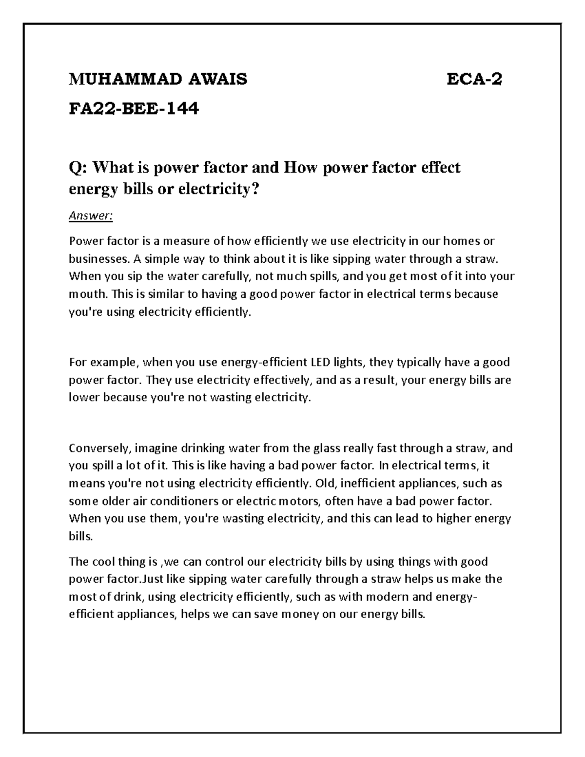 Power Factor ECA 2 - MUHAMMAD AWAIS ECA- FA22-BEE- Q: What is power ...