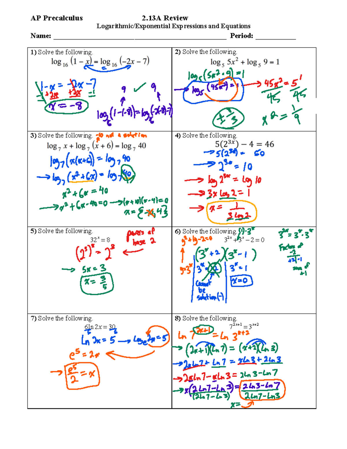 APPC 2.11+2.13 Review Solutions-1 - AP Precalculus 2 Review Logarithmic ...