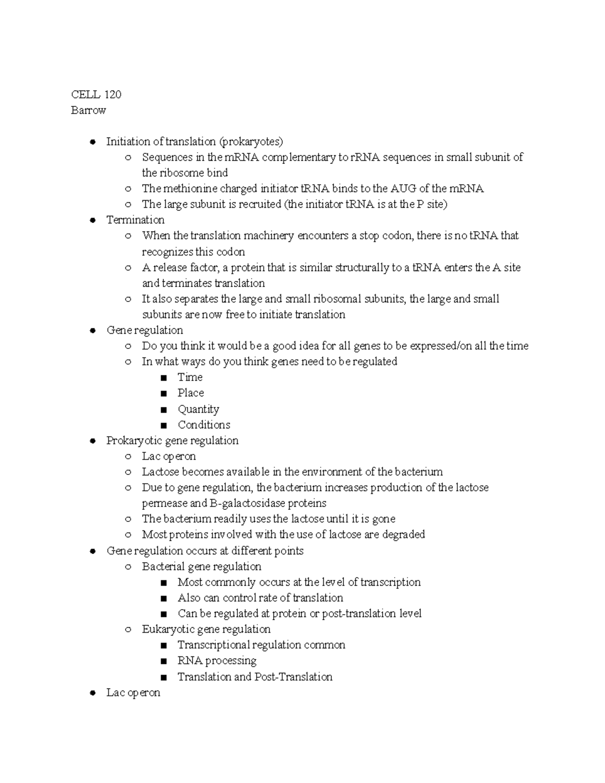 CELL 120 - Barrow Class notes - 2/15 - CELL 120 Barrow Initiation of ...