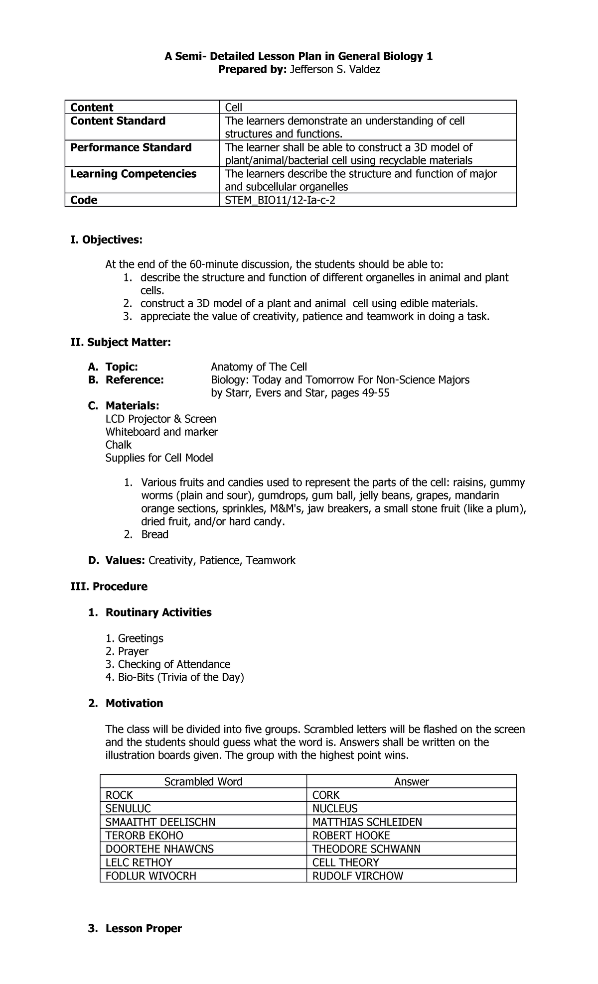 Lesson PLAN Biology 1 - HELPFUL LECTURE NOTES - A Semi- Detailed Lesson ...