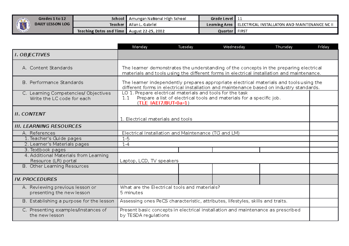 Week 1 - EIM 11 - n/a - Grades 1 to 12 DAILY LESSON LOG School Amungan ...