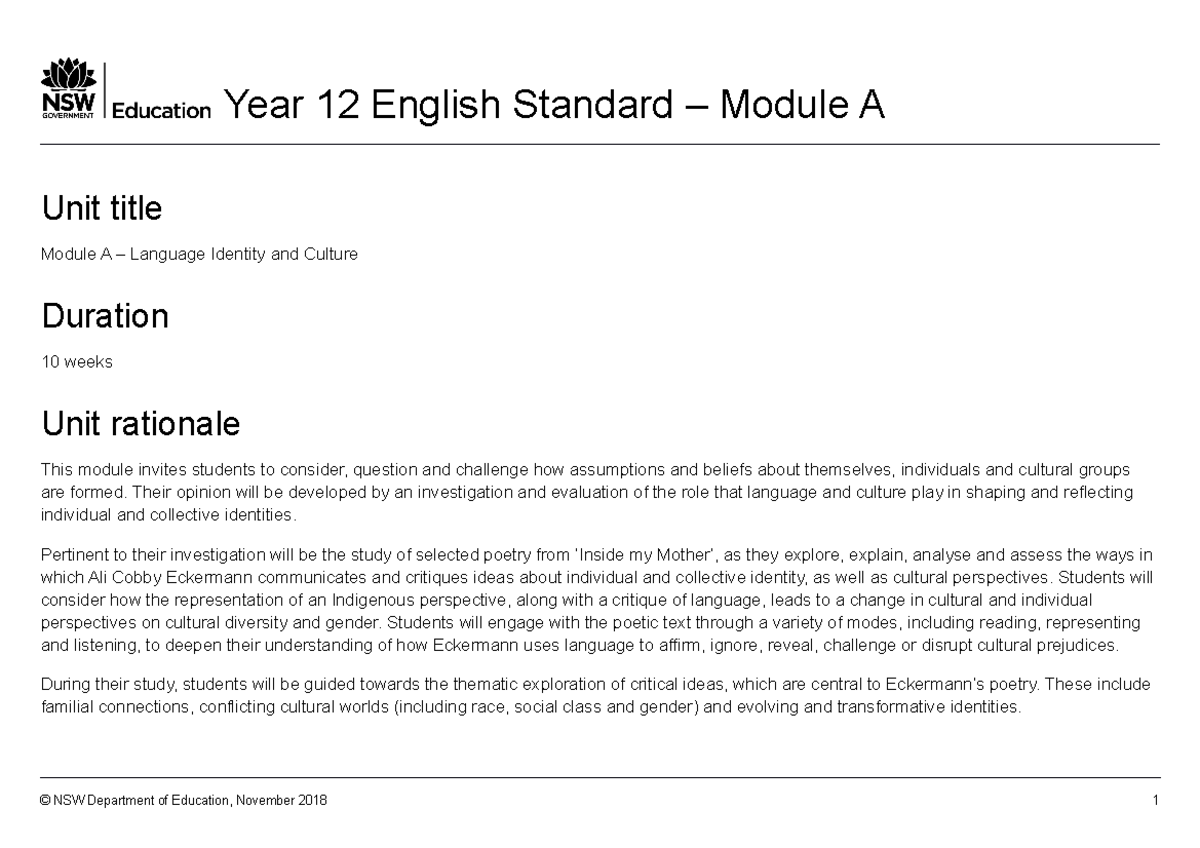 English standard s6 eckermann unit program - Year 12 English Standard ...