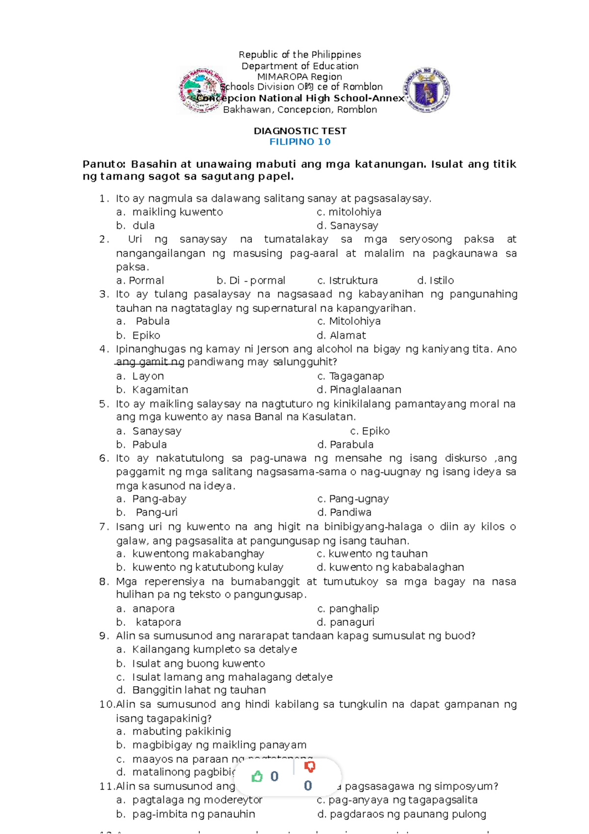 Diagnostic-test-sa-filipino-10 compress - Republic of the Philippines ...