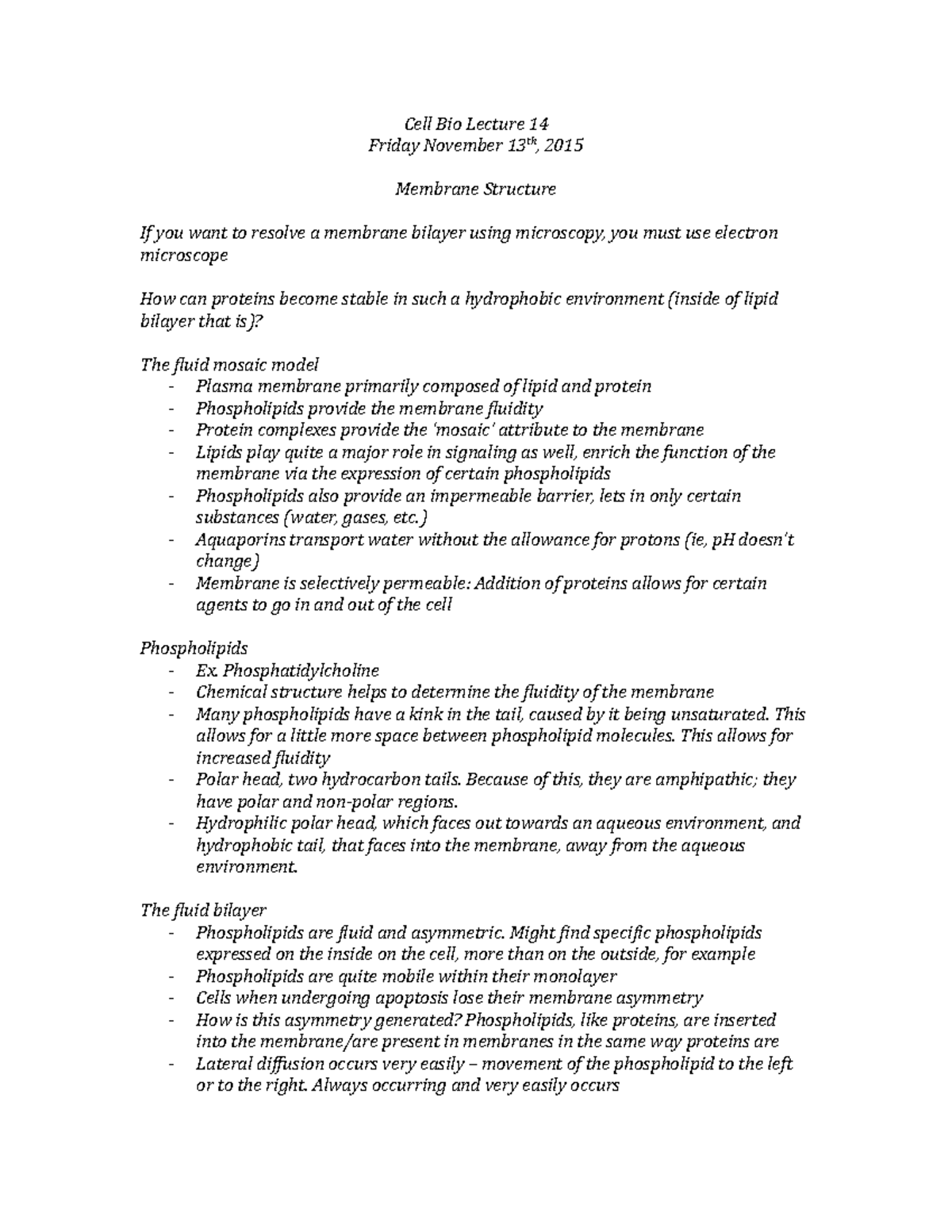 Lecture Notes Cell Bio Lecture 14 Cell Bio Lecture 15 Cell Bio