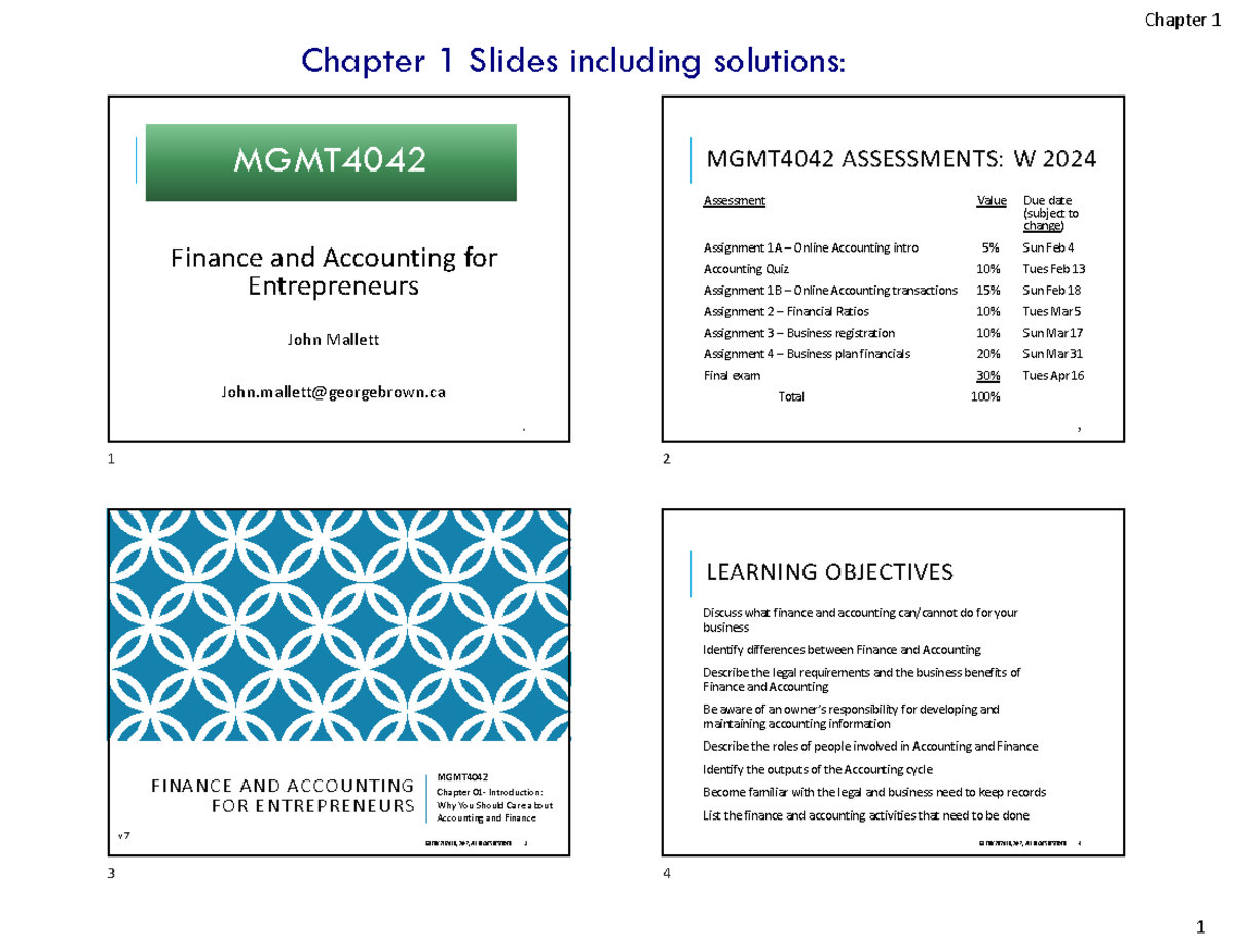 Slides Chapter 01 v7 - W24 Unmasked - MGMT Finance and Accounting for Entrepreneurs John Mallett ...