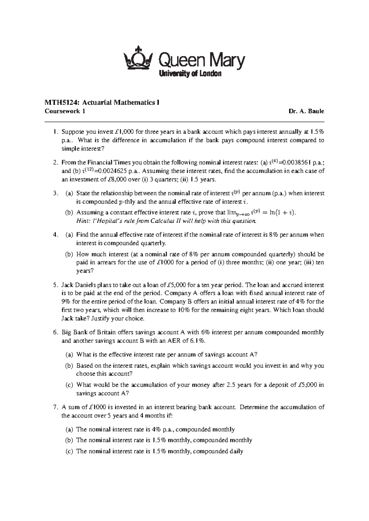 MTH5124 coursework 1 - MTH5124: Actuarial Mathematics I Coursework 1 Dr ...