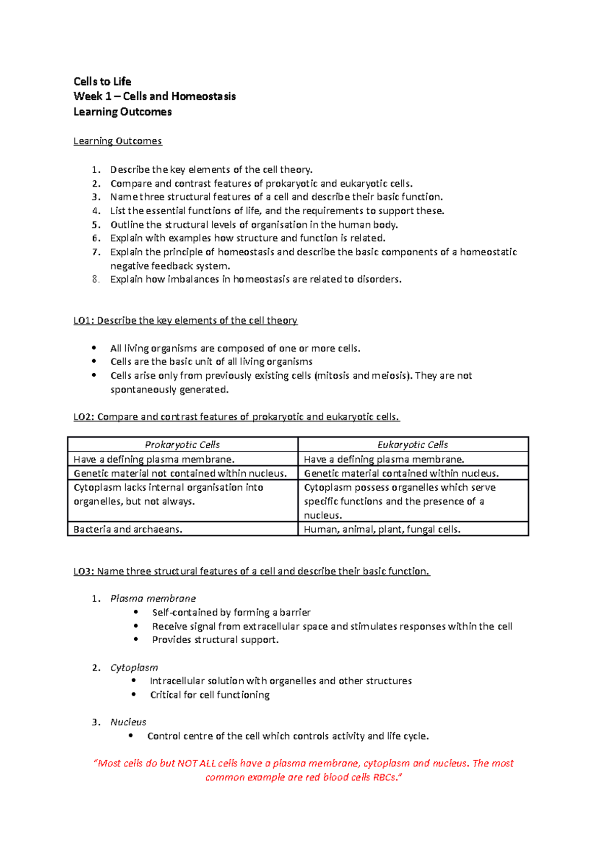 Cells to Life Week 1 Learning Outcomes Summary - Cells to Life Week 1 ...