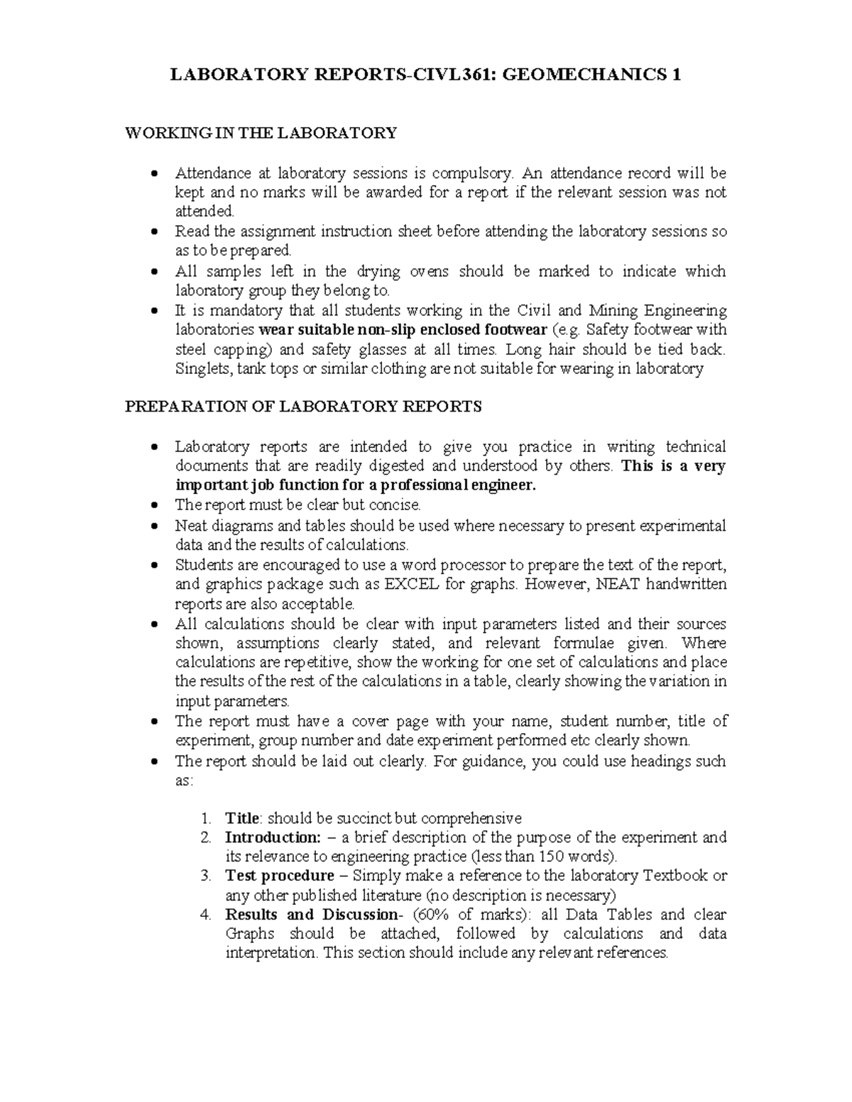 Report format 2 - LABORATORY REPORTS-CIVL361: GEOMECHANICS 1 WORKING IN ...