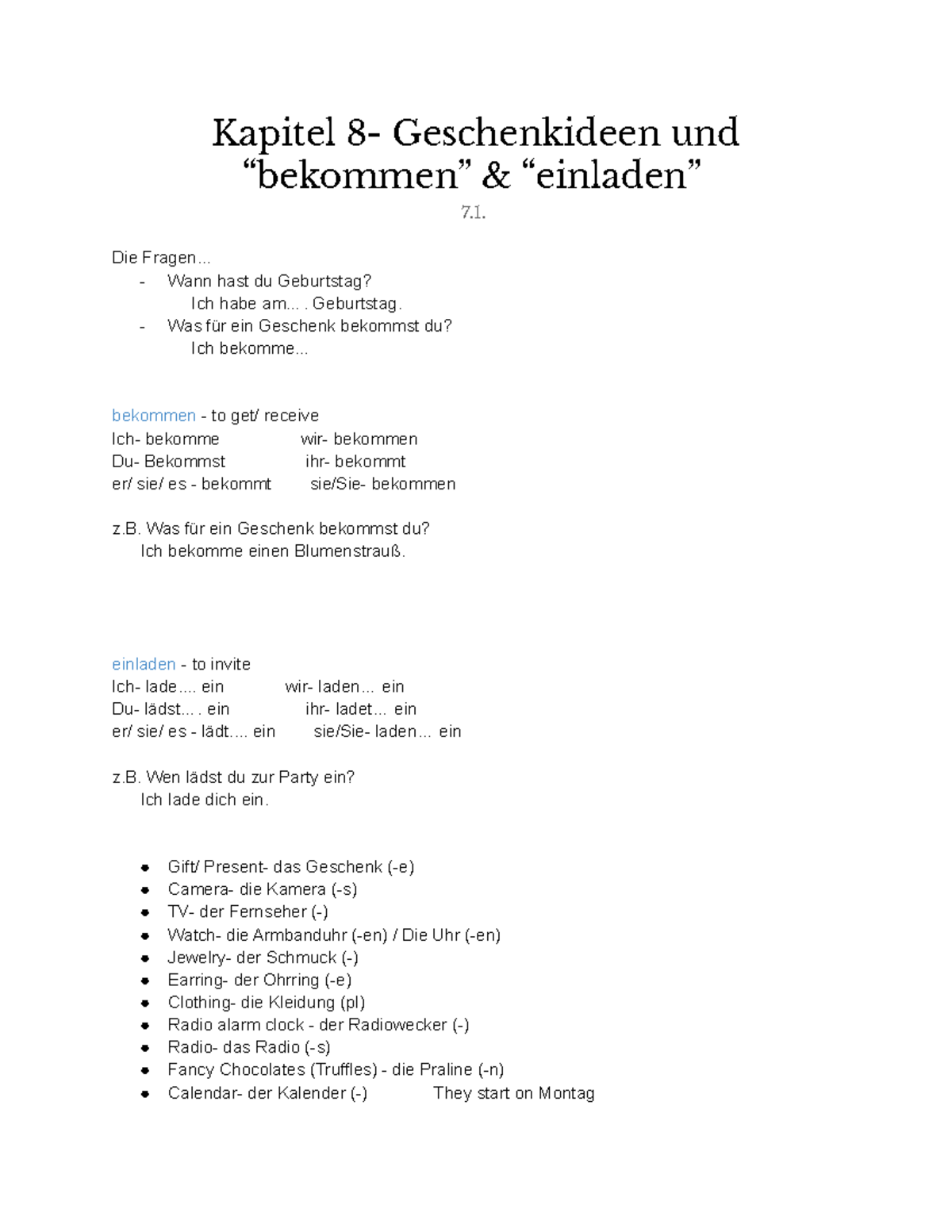 German Lecture Notes - Kapitel 8- Geschenkideen und “bekommen ...