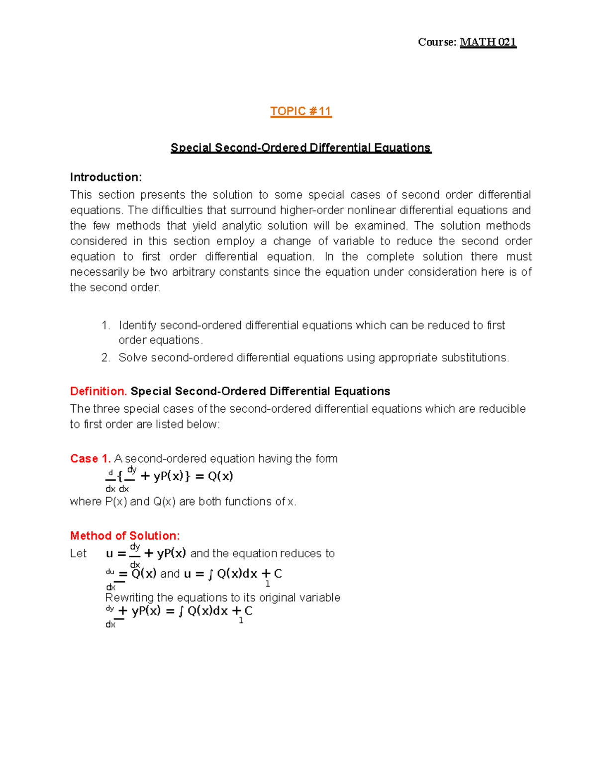 Lesson 11 Special 2nd Order DE - Differential Equations - TIP - Studocu