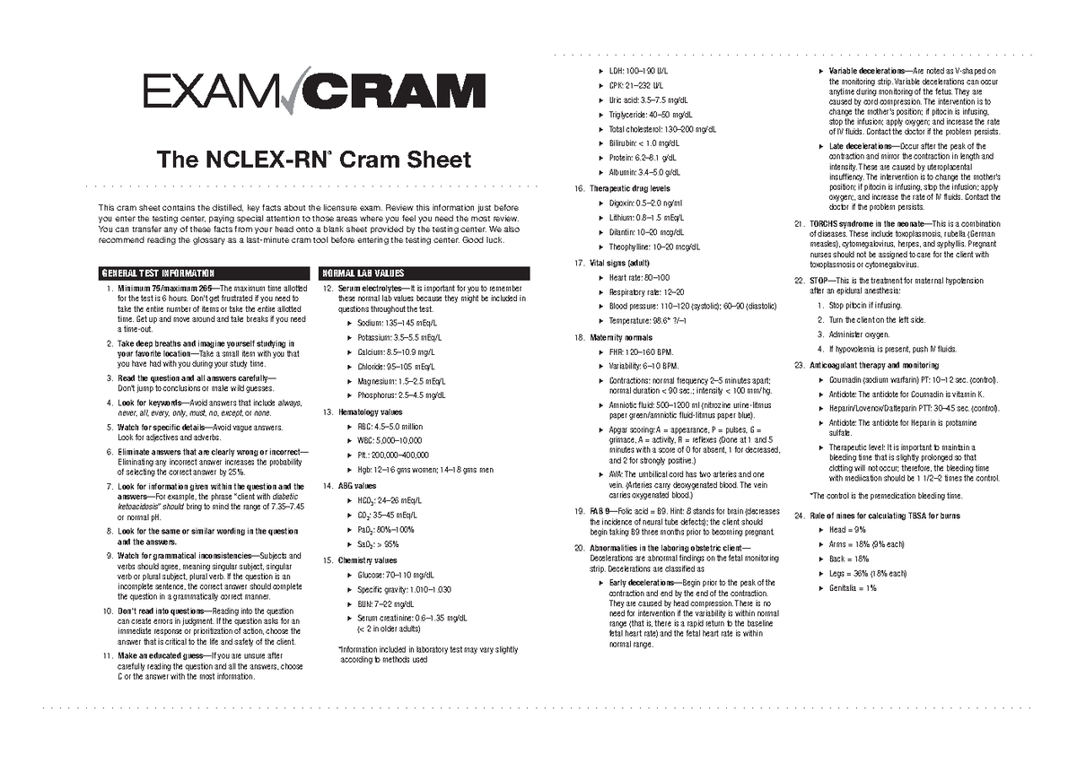 Nclex-RN Cramsheet helpful study notes - The NCLEX-RN ® Cram Sheet This ...