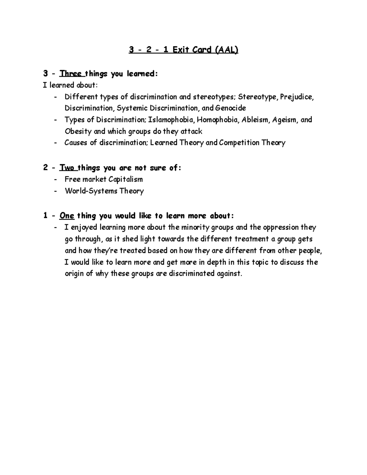 3 - 2 - 1 Exit Card (AAL) - dwbi - 3 - 2 - 1 Exit Card (AAL) 3 - Three ...