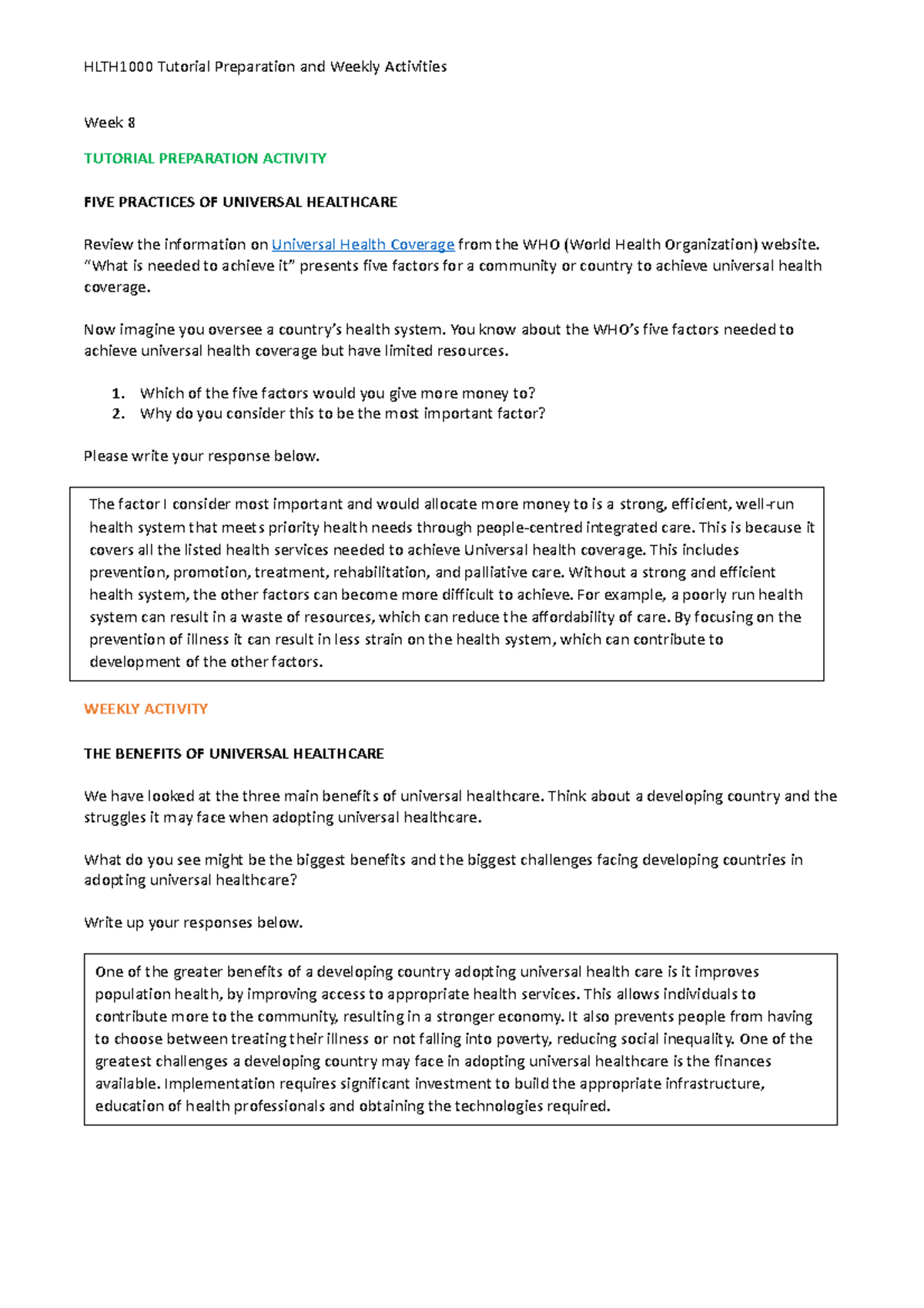 Week 8 tutorial preparation and weekly activities - HLTH1000 Tutorial Preparation and Weekly ...